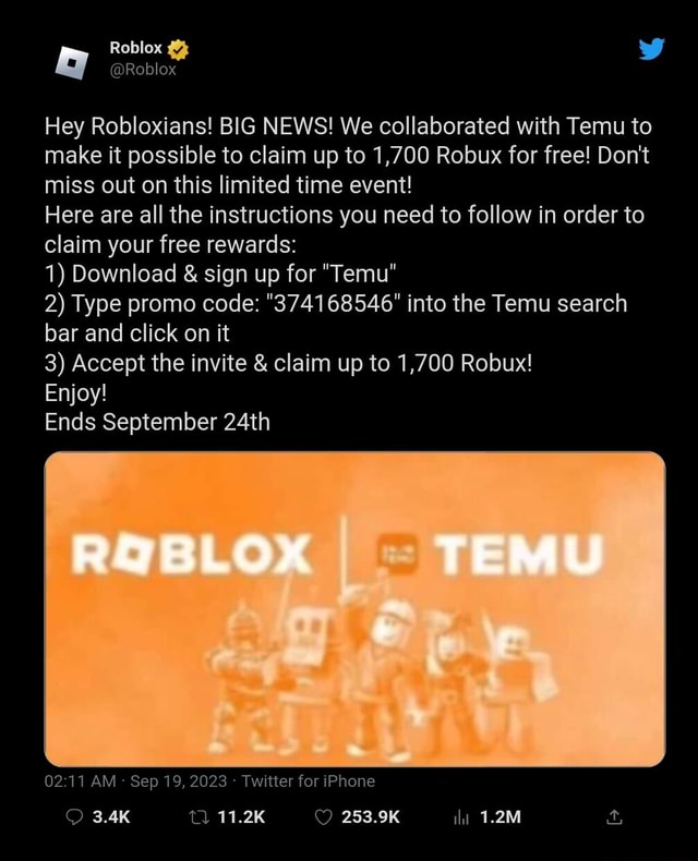 Roblox Hey Robloxians! BIG NEWS! We collaborated with Temu to make it ...
