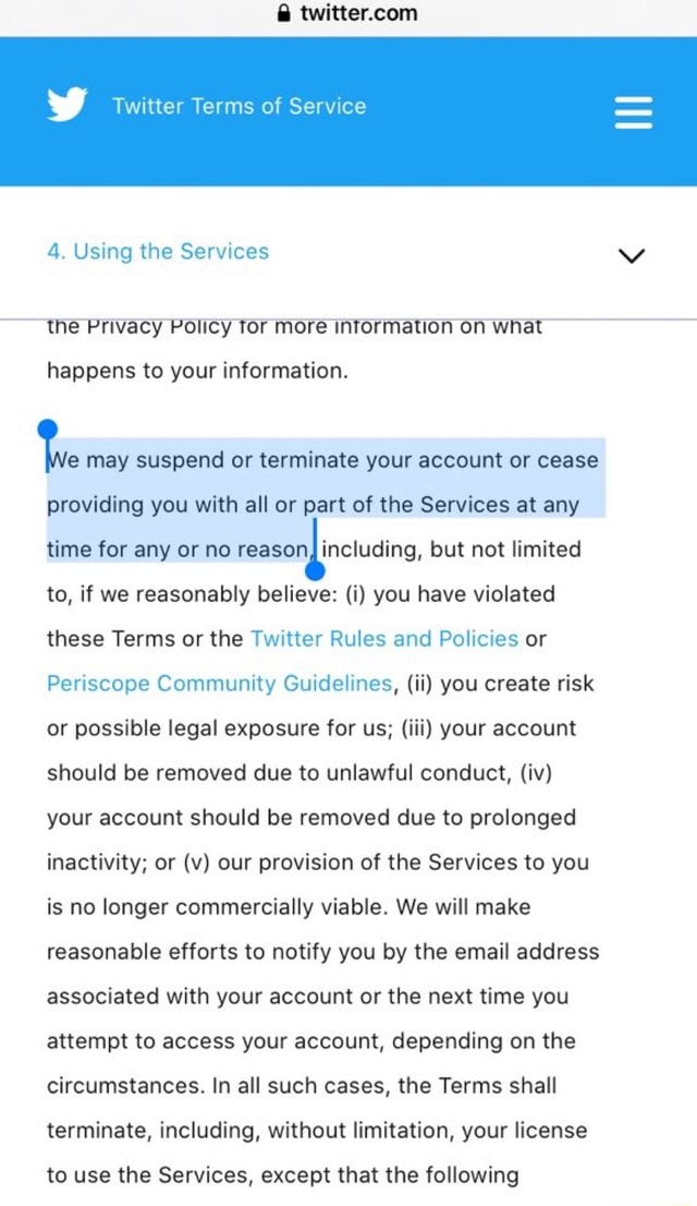 Twitter Terms of Service 4. Using the Services Vv the Privacy Policy ...
