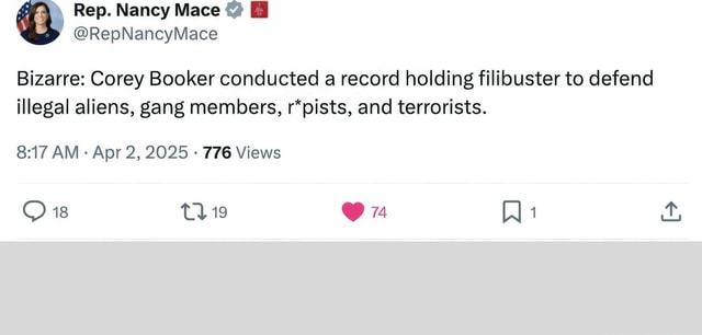Rep. Nancy Mace @RepNancyMace Bizarre: Corey Booker conducted a record ...