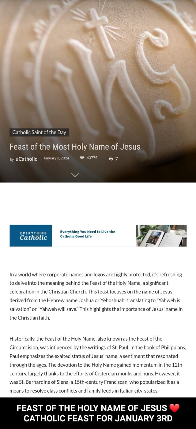 Catholic Saint of the Day Feast of the Most Holy Name of Jesus ...