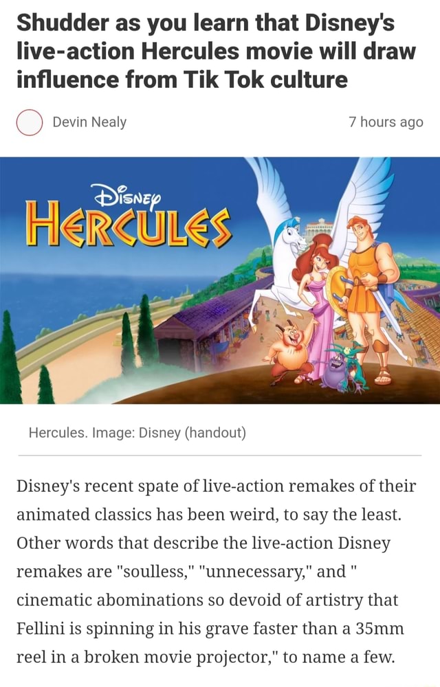 Shudder as you learn that Disney's live-action Hercules movie will draw influence from Tik Tok ...