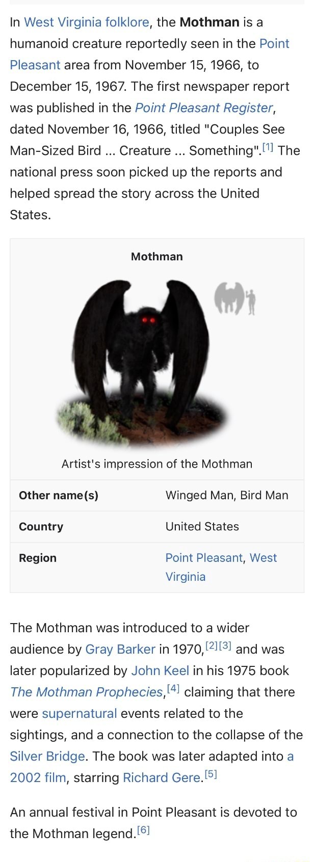 In West Virginia folklore, the Mothman is a humanoid creature ...