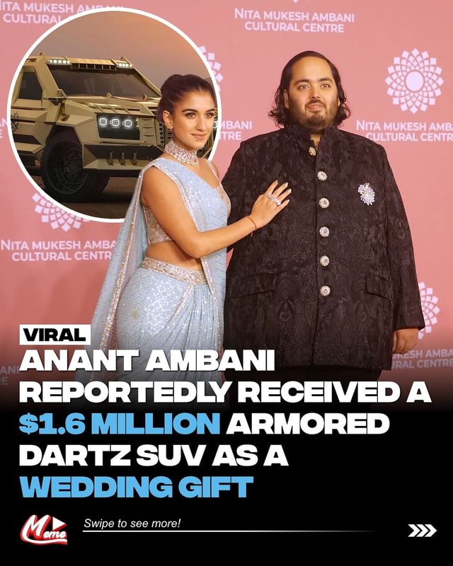 Anant Ambani reportedly received a $1.6 million armored Dartz SUV as a wedding gift! This gift ...