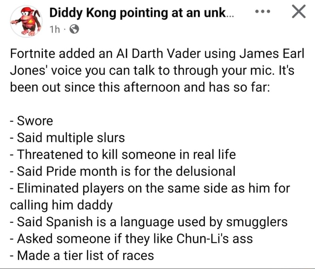 An Diddy Kong pointing atanunk.. \ @ Fortnite added an Al Darth Vader ...