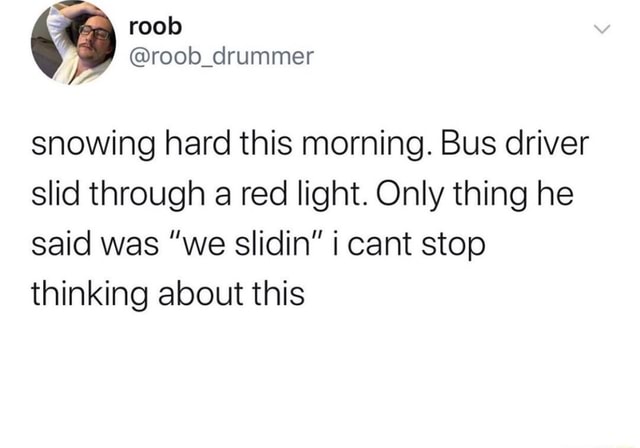 Snowing hard this morning. Bus driver slid through a red light. Only ...