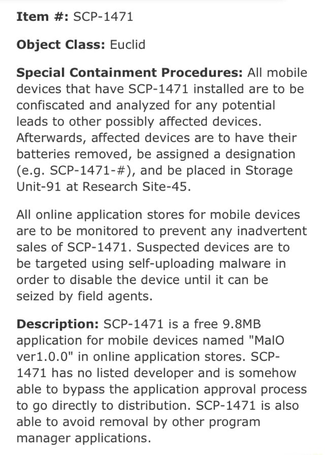 Item #: SCP-1471 Object Class: Euclid Special Containment Procedures ...