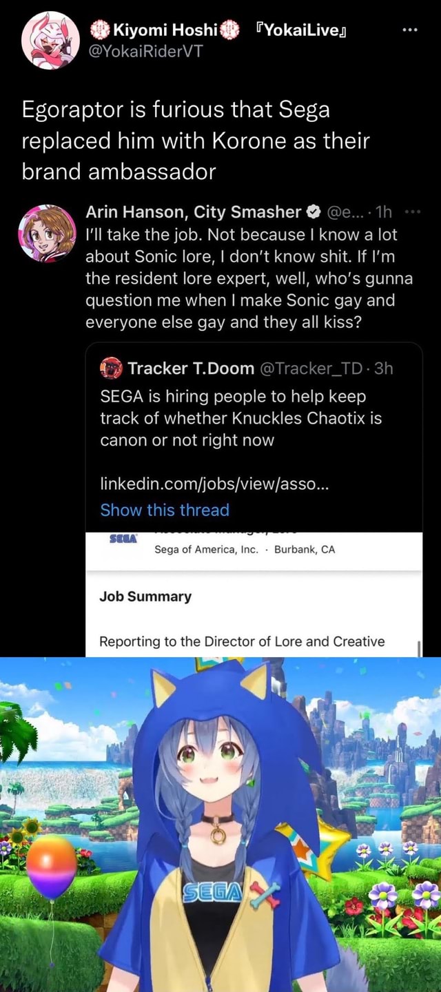 @YokaiRiderVT FYokaiLivey Egoraptor is furious that Sega replaced him with Korone as their brand ...