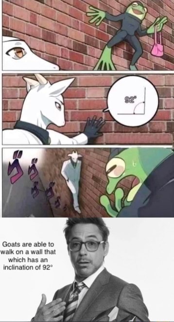 Goats are able to walk on a wall that which has an inclination of - iFunny