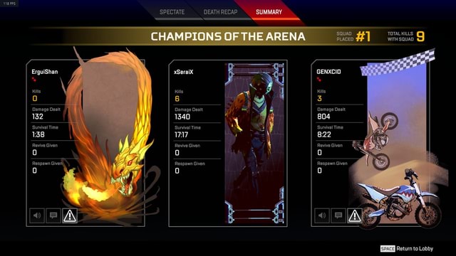 118 FPS. SPECTATE DEATH RECAP SUMMARY SQUAD #fl PLACED TOTAL KILLS WITH ...