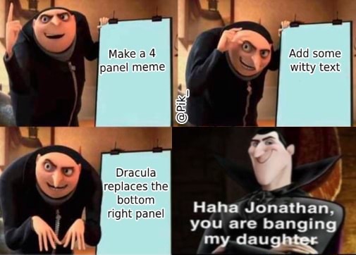 Make a 4 panel meme Dracula right panel Add some witty text you are ...