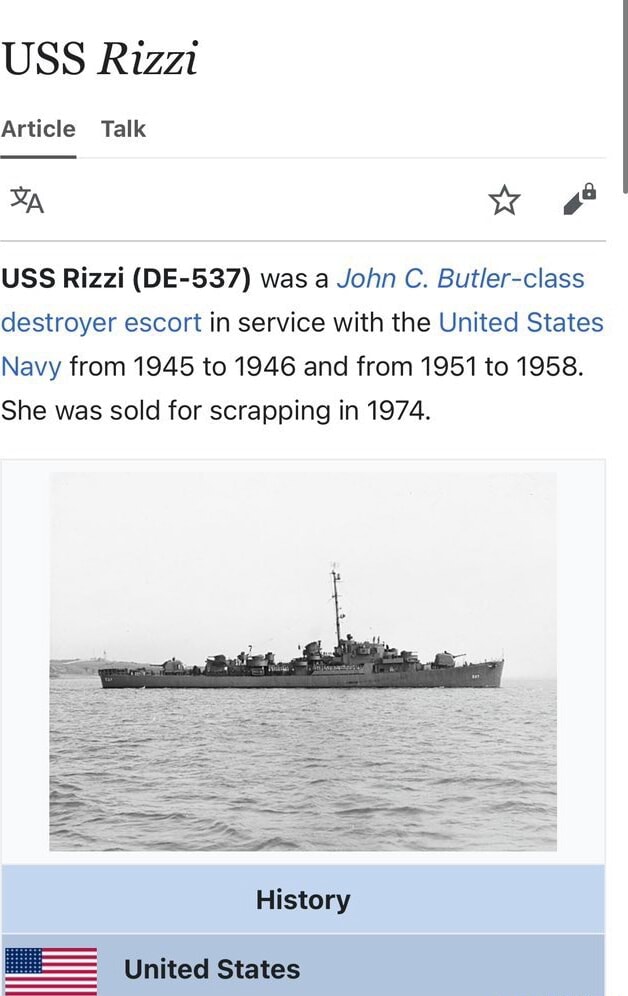 USS Rizzi Article Talk USS Rizzi (DE-537) was a John C. Butler-class ...