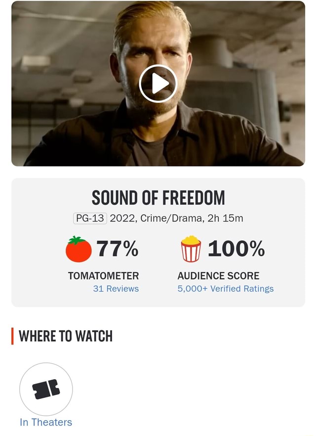 SOUND OF FREEDOM 2022, 77% 100% TOMATOMETER AUDIENCE SCORE 31 Reviews ...