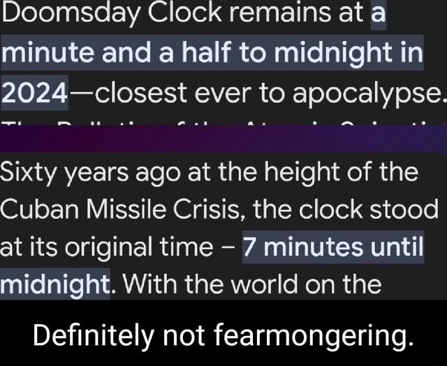 Doomsday Clock remains at minute and a half to midnight in 2024-closest ...