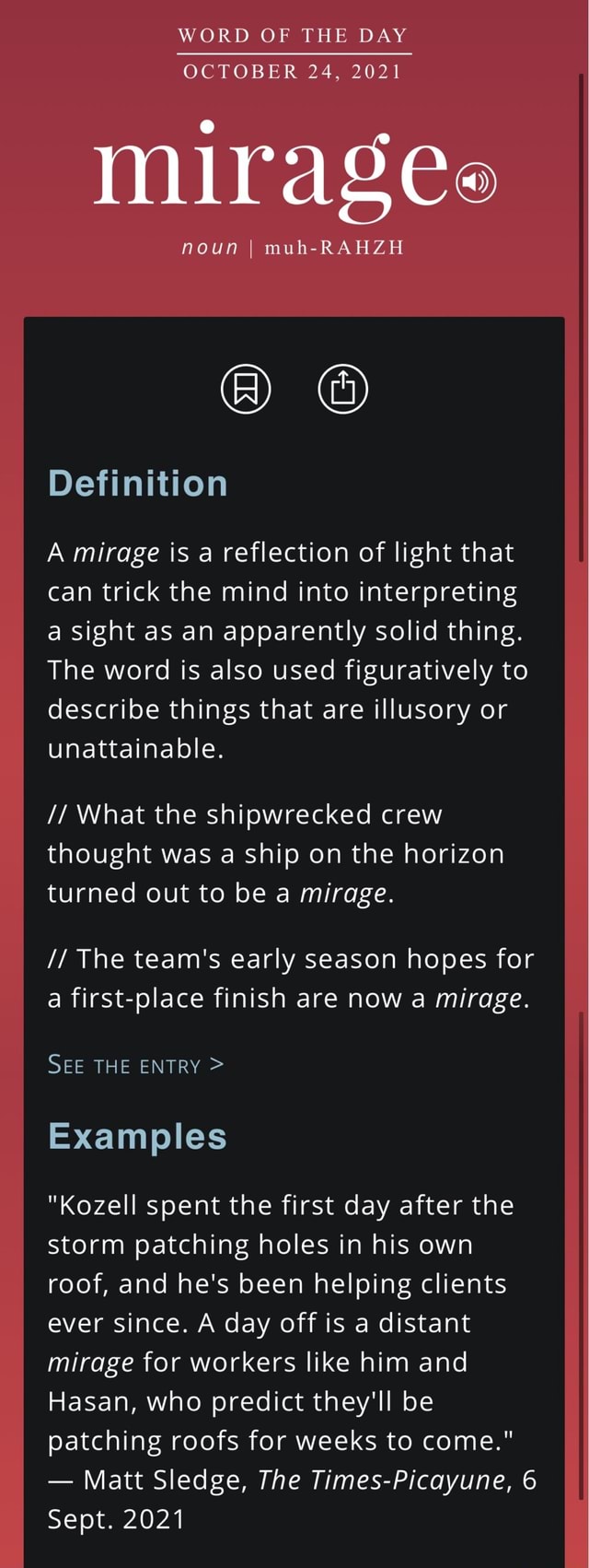 WORD OF THE DAY OCTOBER 24, 2021 mira noun I muh-RAHZH Definition A ...