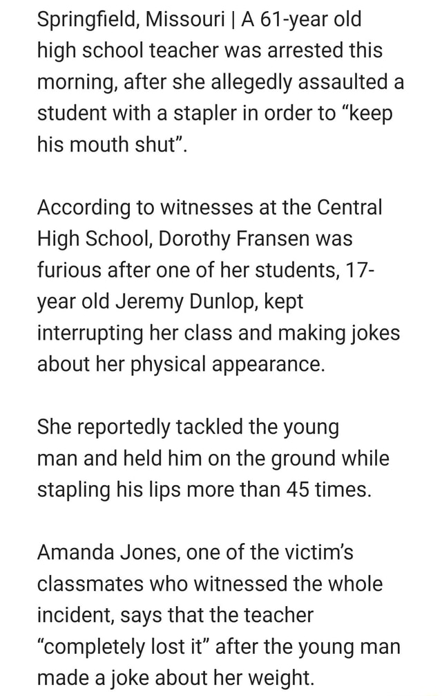 Springfield, Missouri I A 61-year old high school teacher was arrested ...