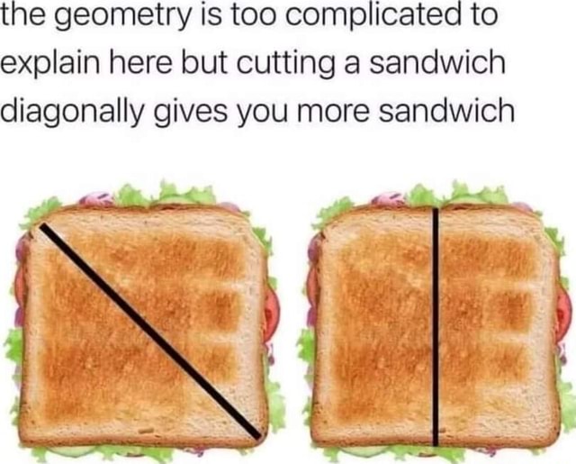 The geometry is too complicated to explain here but cutting a sandwich diagonally gives you more ...