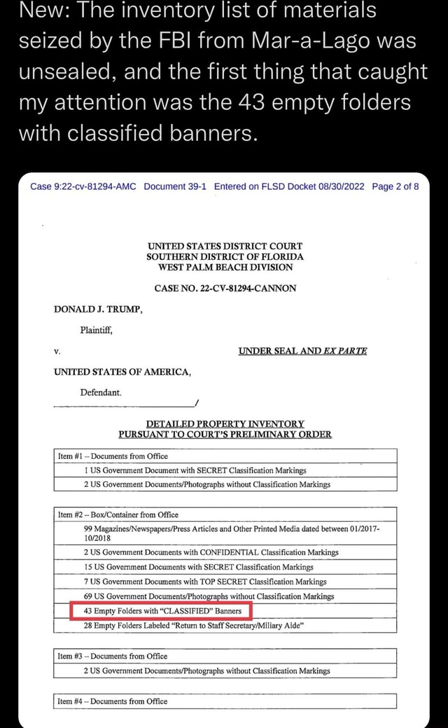 New: The inventory list of materials seized by the FBI from Mar-a-Lago ...