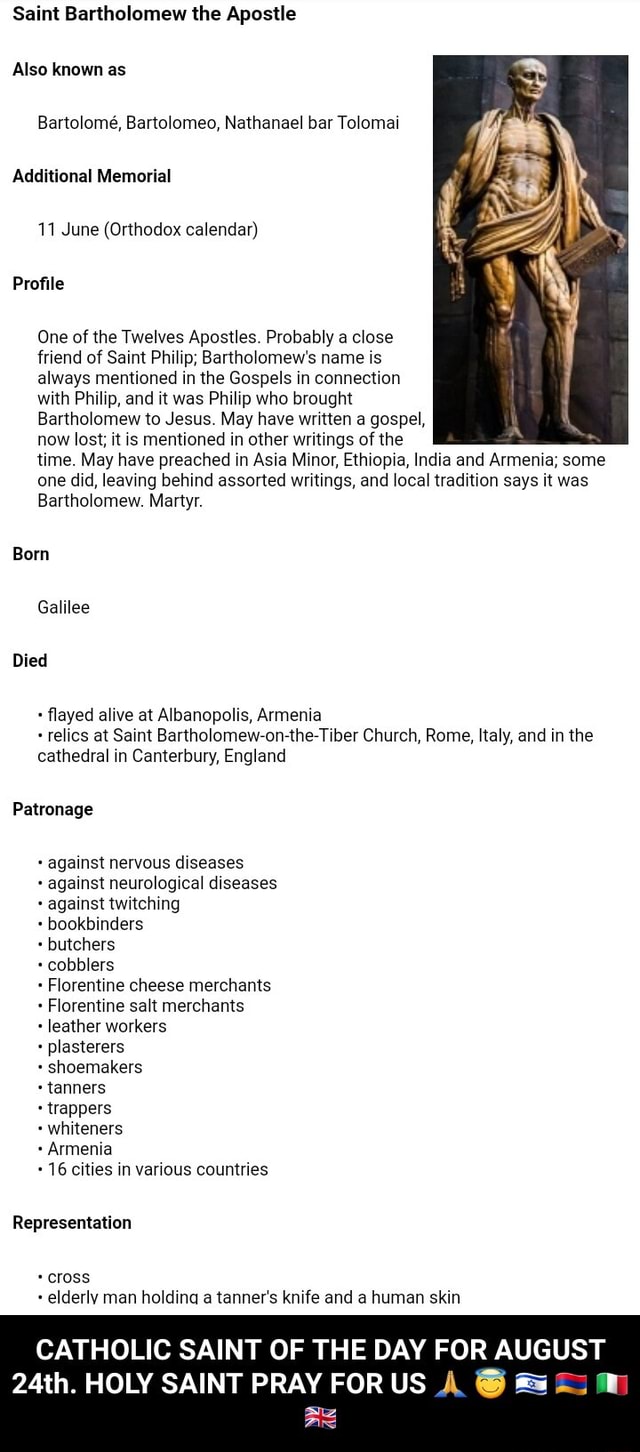 Saint Bartholomew the Apostle Also known as Bartolom, Bartolomeo ...