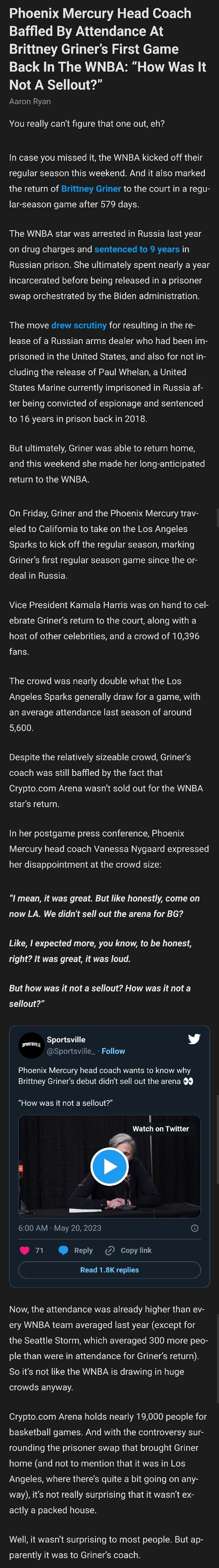 Phoenix Mercury Head Coach Baffled By Attendance At Brittney Griner's ...