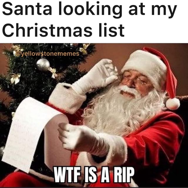 Santa looking at my Christmas list WTF IS A RIP - iFunny