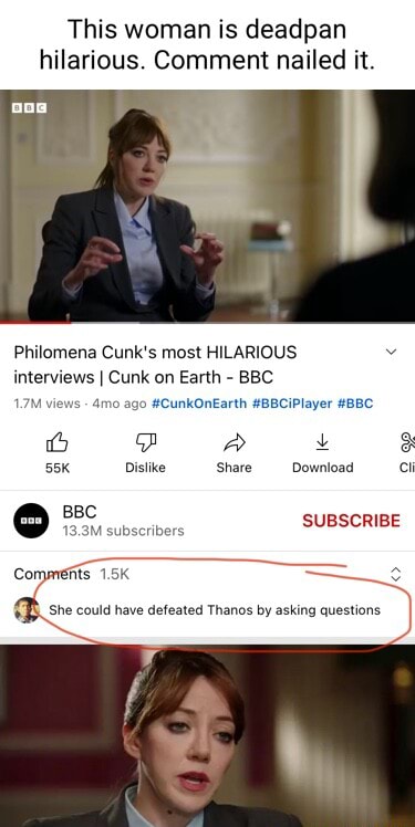 This woman is deadpan hilarious. Comment nailed it. Philomena Cunk's ...
