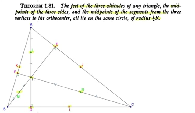 THEOREM 1.81. The feet of the three altitudes of any triangle, the mid ...