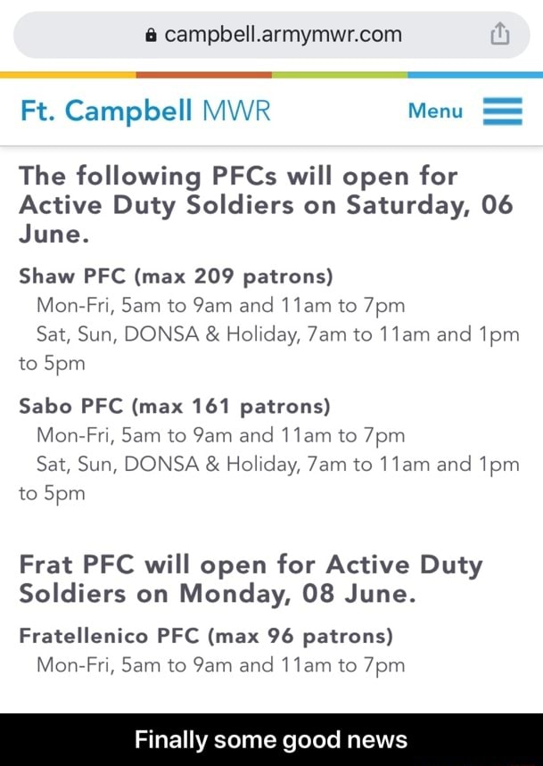 Campbell.armymwr.com Ft. Campbell MWR Menu = The following PFCs will ...