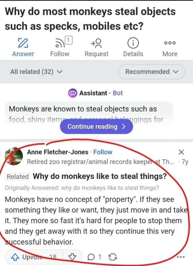 Why do most monkeys steal objects such as specks, mobiles etc? 50 000 Answer Follow Request ...