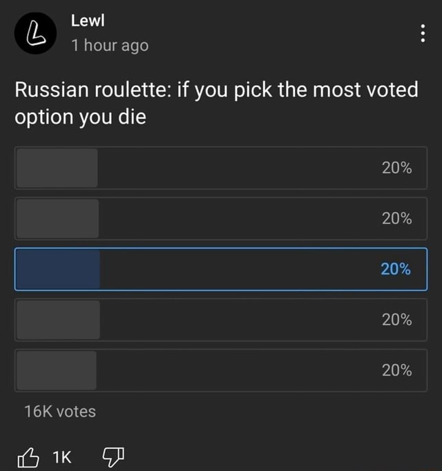 Lewl 1 hour ago Russian roulette: if you pick the most voted option you ...