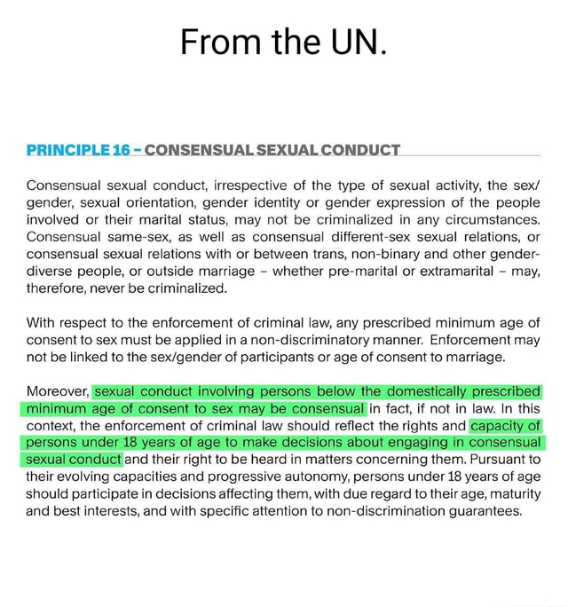 From the UN. PRINCIPLE 16 - CONSENSUAL SEXUAL CONDUCT Consensual sexual ...