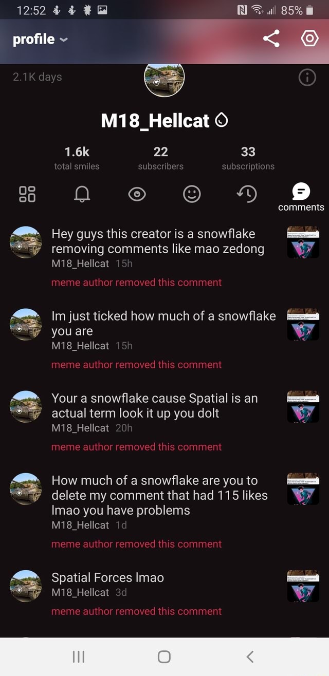 Hey guys this creator is a snowflake a "eS removing comments like mao ...