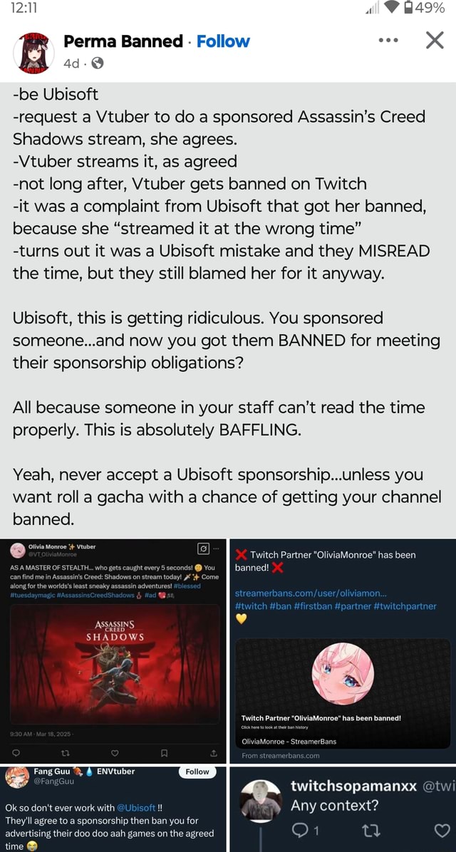 49% -be Ubisoft Perma Banned Follow -request a Vtuber to do a sponsored Assassin's Creed Shadows ...