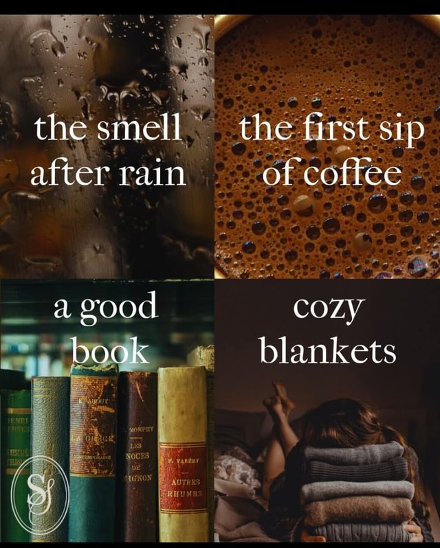 The smell the first sip after rain of coffce a good COZY book blankets ...