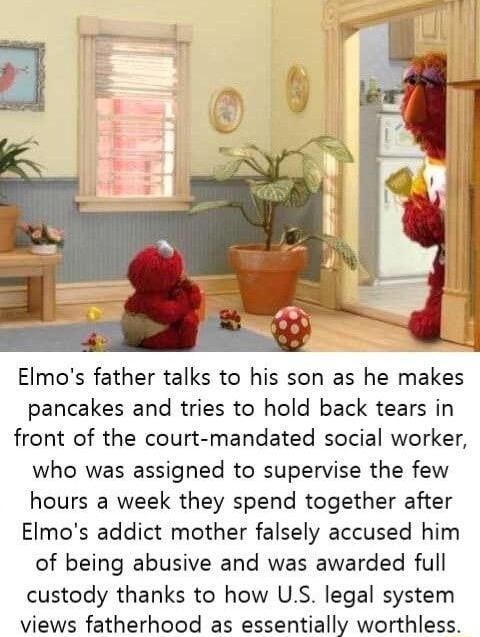Elmo's father talks to his son as he makes pancakes and tries to hold ...