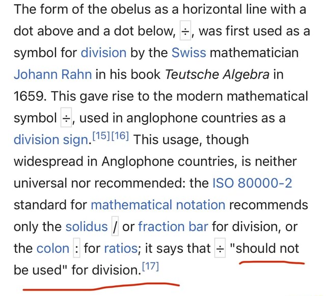 The form of the obelus as a horizontal line with a dot above and a dot ...