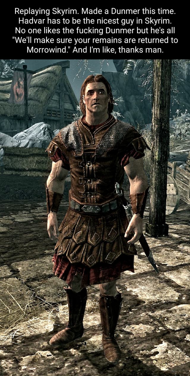 Replaying Skyrim. Made a Dunmer this time. Hadvar has to be the nicest ...