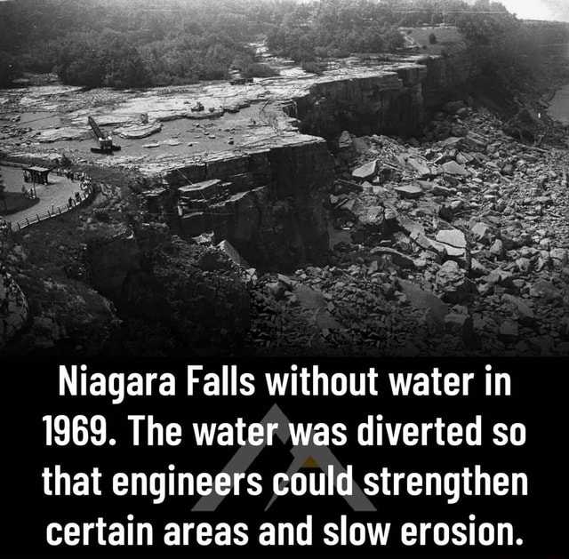 Niagara Falls without water in 1969. The water was diverted so that ...