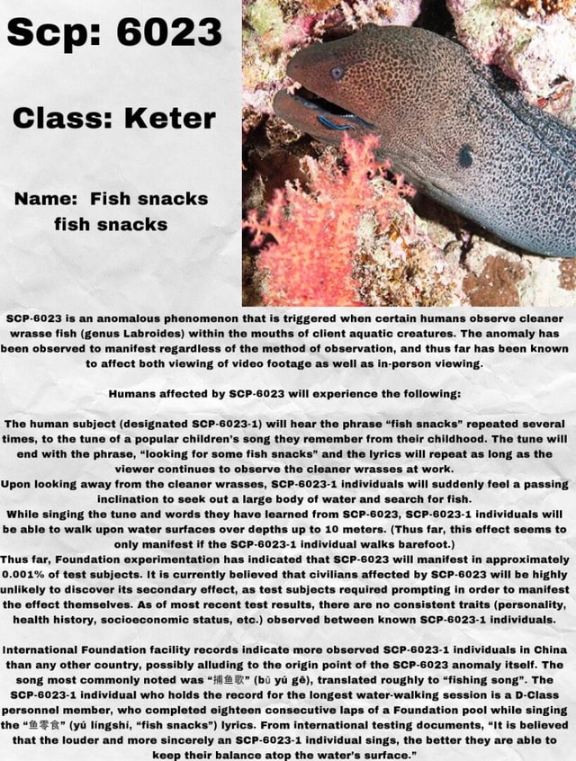 Scp: 6023 Class: Keter Name: Fish snacks fish snacks SCP-6023 is an ...