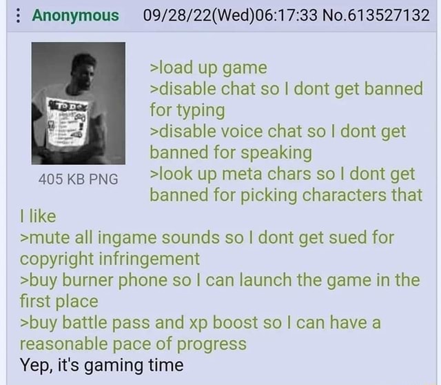 : Anonymous No.613527132 >load up game >disable chat so I dont get banned for typing >disable ...