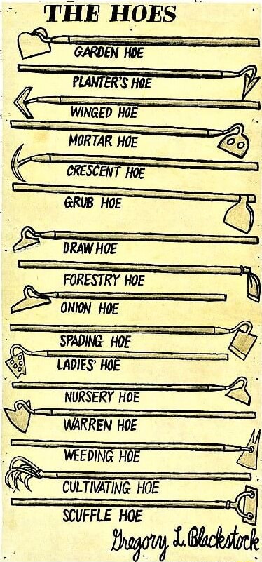 THE HOES WINGED HOE MORTAR HOE GRUB HOE DRAW HOE FORESTRY HOE ONION HOE ...