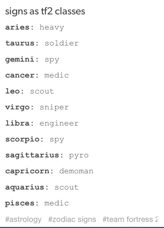 Signs as tf2 classes arias: heavy taurus: soldier gemini: spy cancer ...