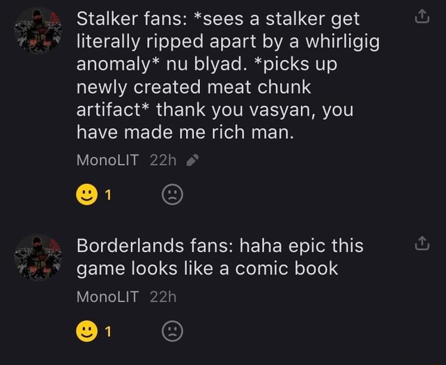 Stalker fans: *sees a stalker get literally ripped apart by a Whirligíg ...