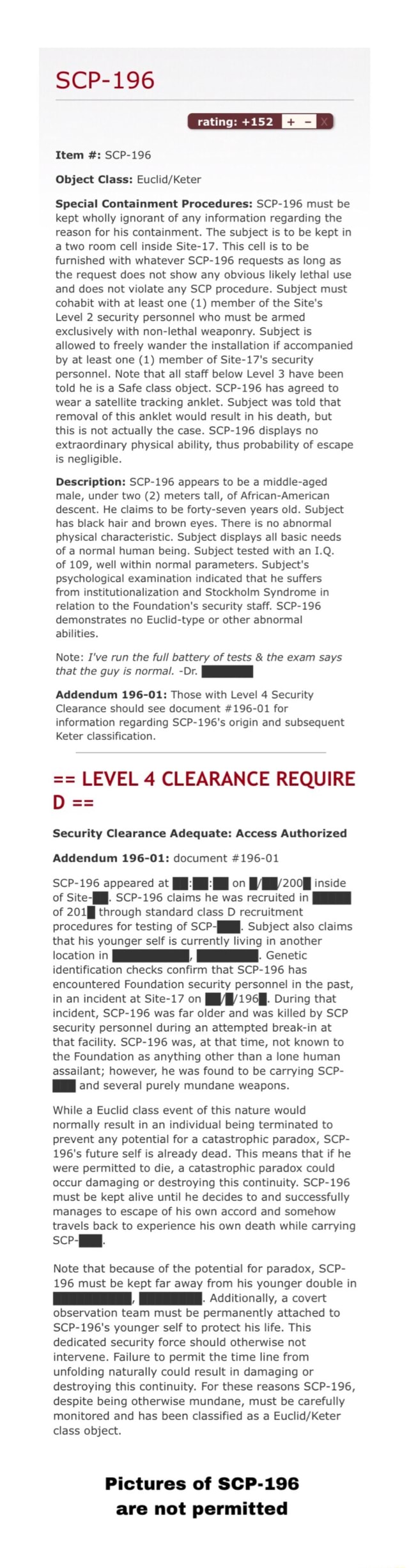 Object Euclid/Keter Special Containment Procedures: SCP-196 must be ...