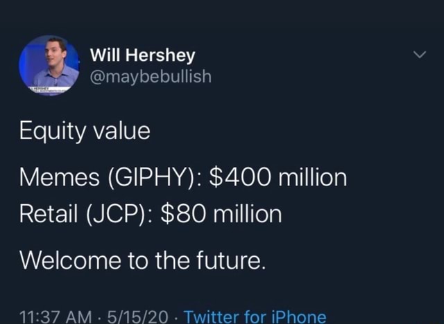 Equity value Memes (GIPHY): $400 million Retail (JCP): $80 million ...