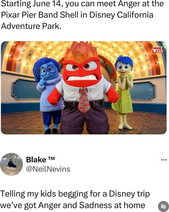 Starting June 14, you can meet Anger at the Pixar Pier Band Shell in ...