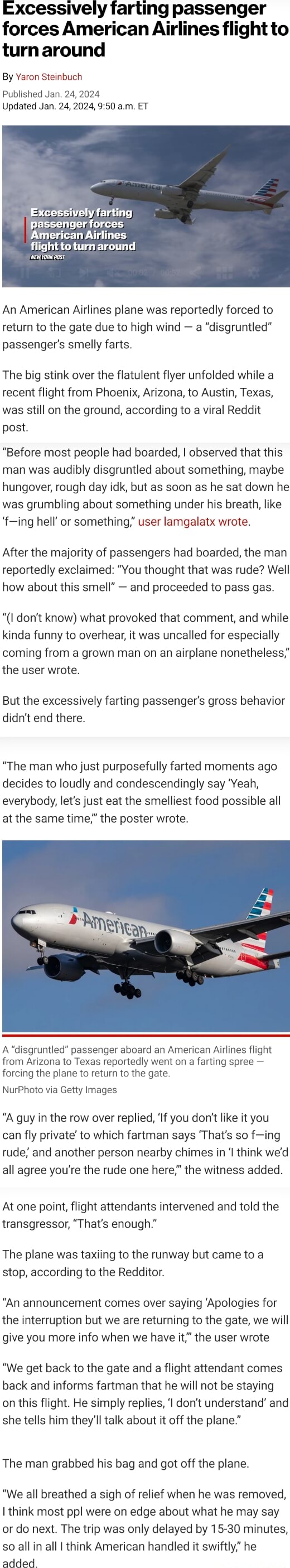 Excessively farting passenger forces American Airlines flight to turn ...