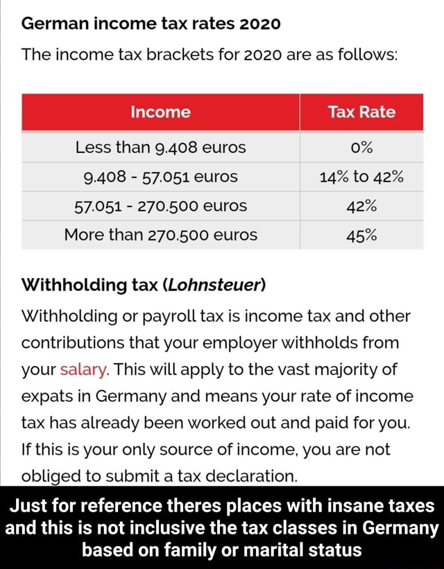 German income tax rates 2020 The income tax brackets for 2020 are as ...