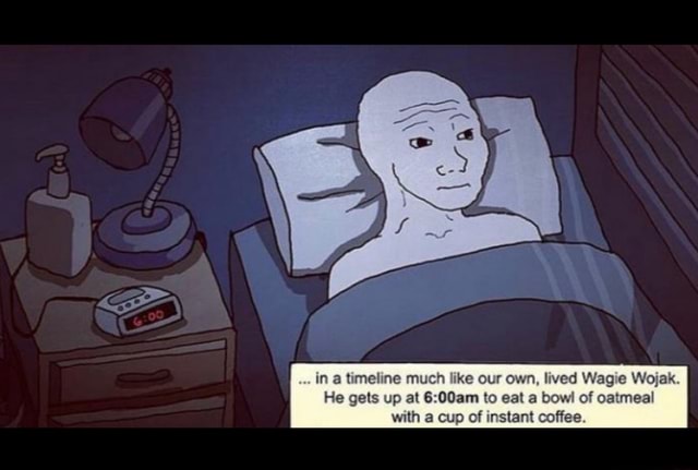 In a timeline much like our own, lived Wagie Wojak. He gets up at 6 ...