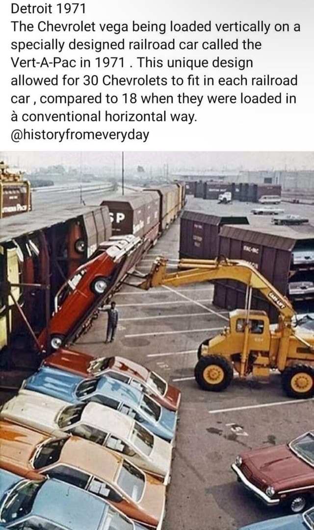 Detroit 1971 The Chevrolet vega being loaded vertically on a specially ...