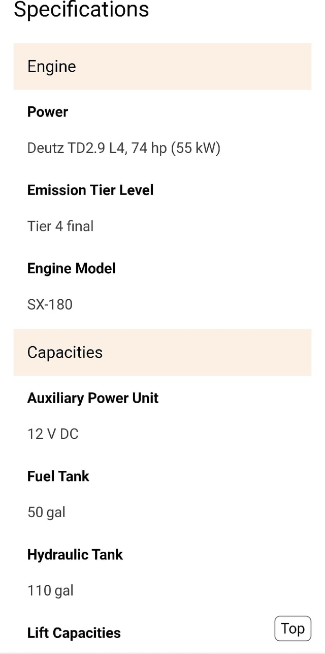 Specifications Engine Power Deutz TD2.9 74 hp (55 kW) Emission Tier Level Tier 4 final Engine ...